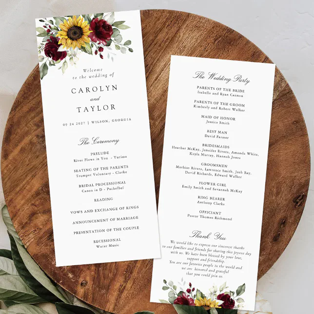 Sunflowers Burgundy Red Floral Rustic Wedding Program | Zazzle