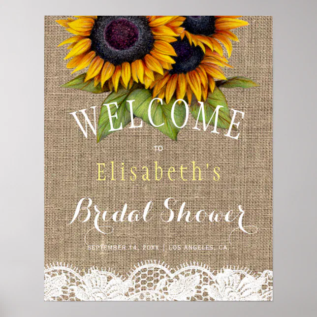 Sunflowers burlap and lace autumn bridal shower poster | Zazzle