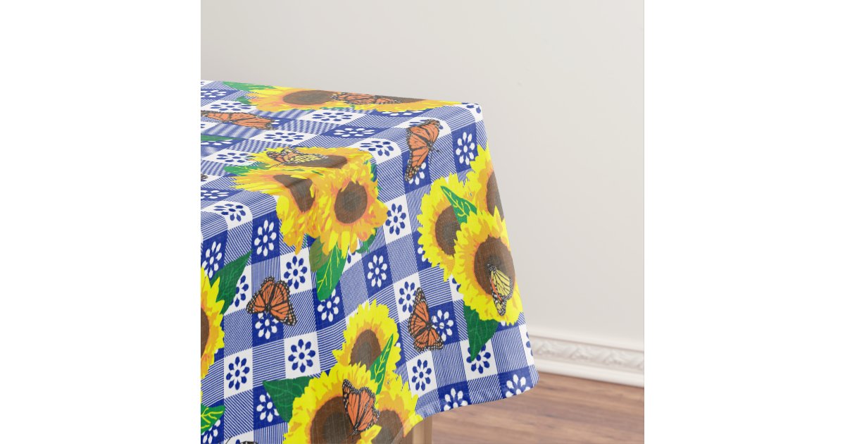 Sunflowers Butterflies Blue Gingham Tablecloth | Zazzle