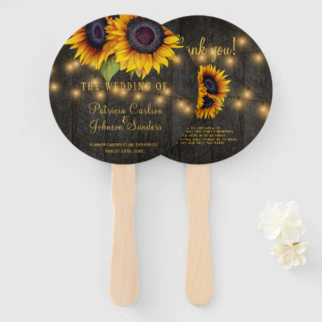 Sunflowers country brown barn wood wedding favor hand fan | Zazzle