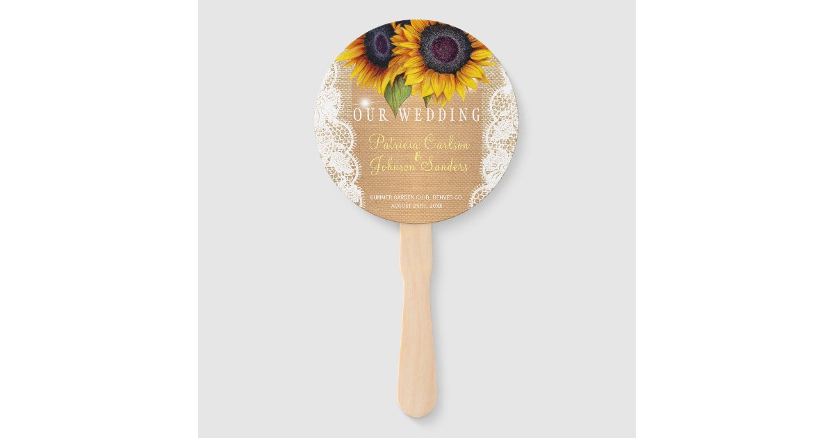 Sunflowers country burlap lace wedding favor hand fan | Zazzle