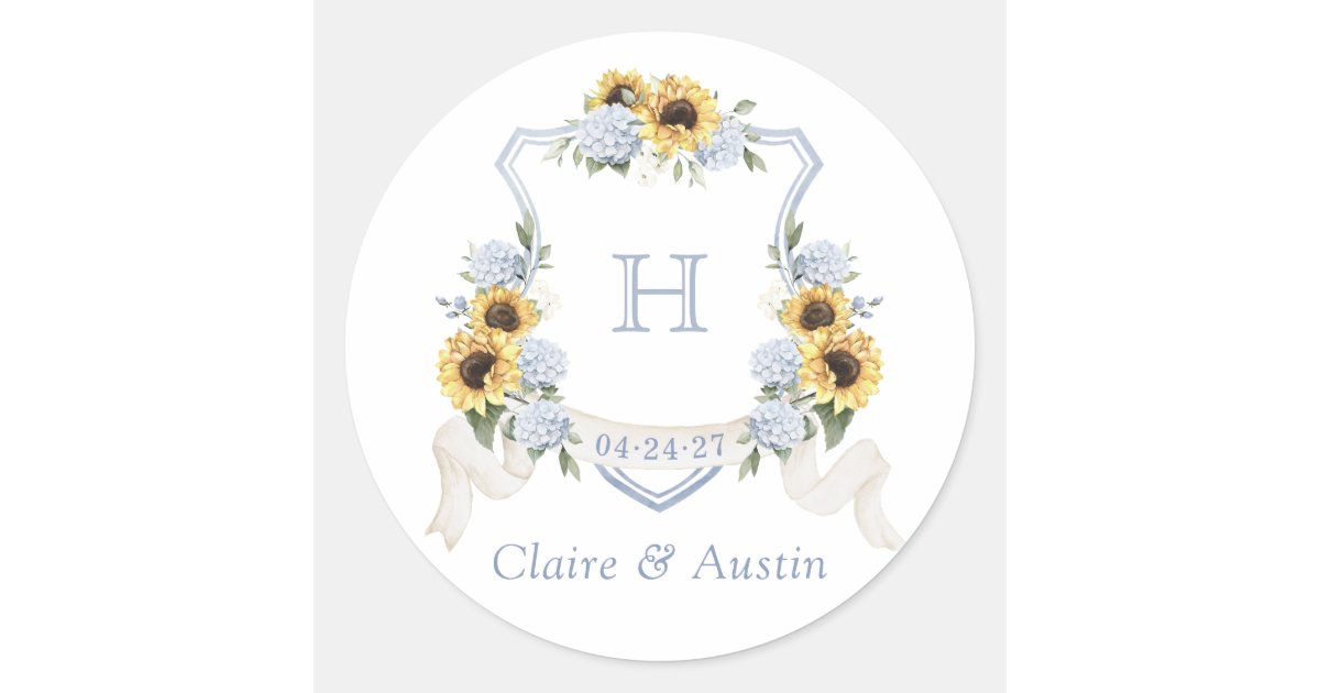 Sunflowers Dusty Blue Hydrangea Crest Envelope Classic Round Sticker ...
