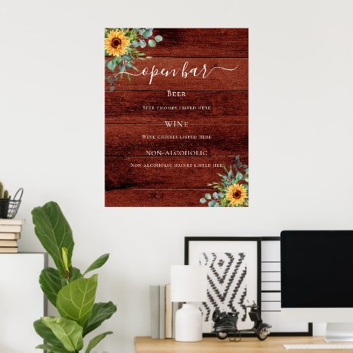 Sunflowers eucalyptus brown wood bar menu poster | Zazzle