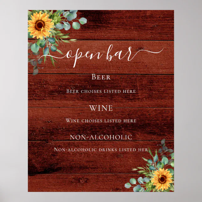Sunflowers eucalyptus brown wood bar menu poster | Zazzle
