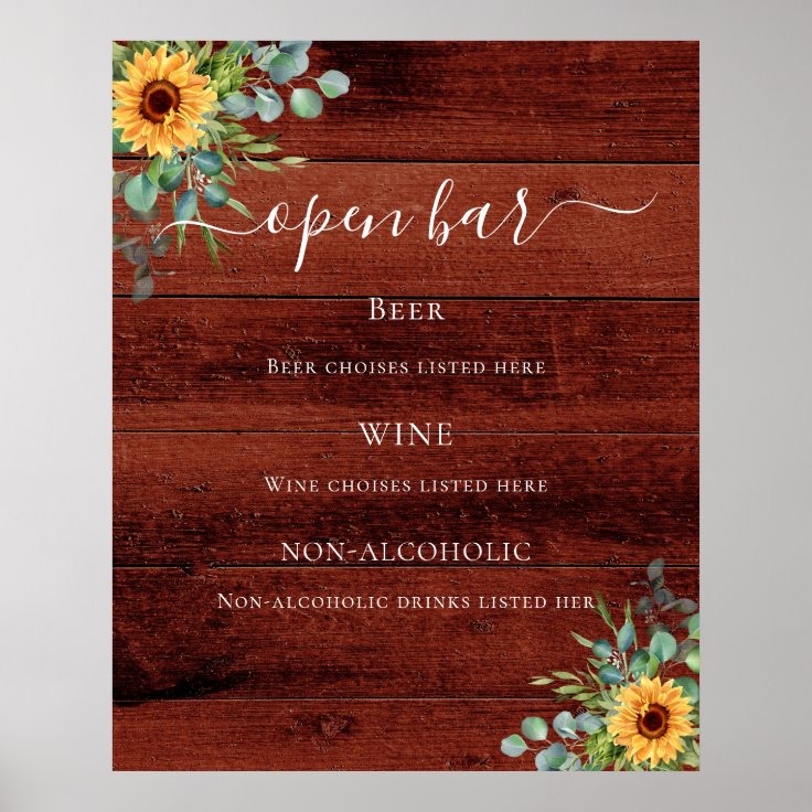 Sunflowers eucalyptus brown wood bar menu poster | Zazzle