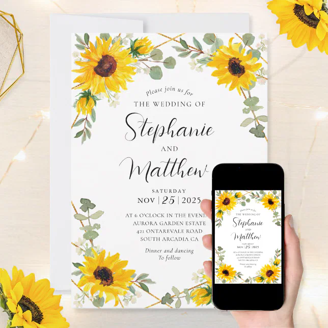 Sunflowers Eucalyptus Geometric Botanical Wedding Invitation | Zazzle