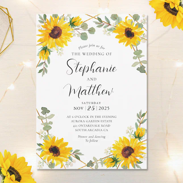 Sunflowers Eucalyptus Geometric Botanical Wedding Invitation | Zazzle