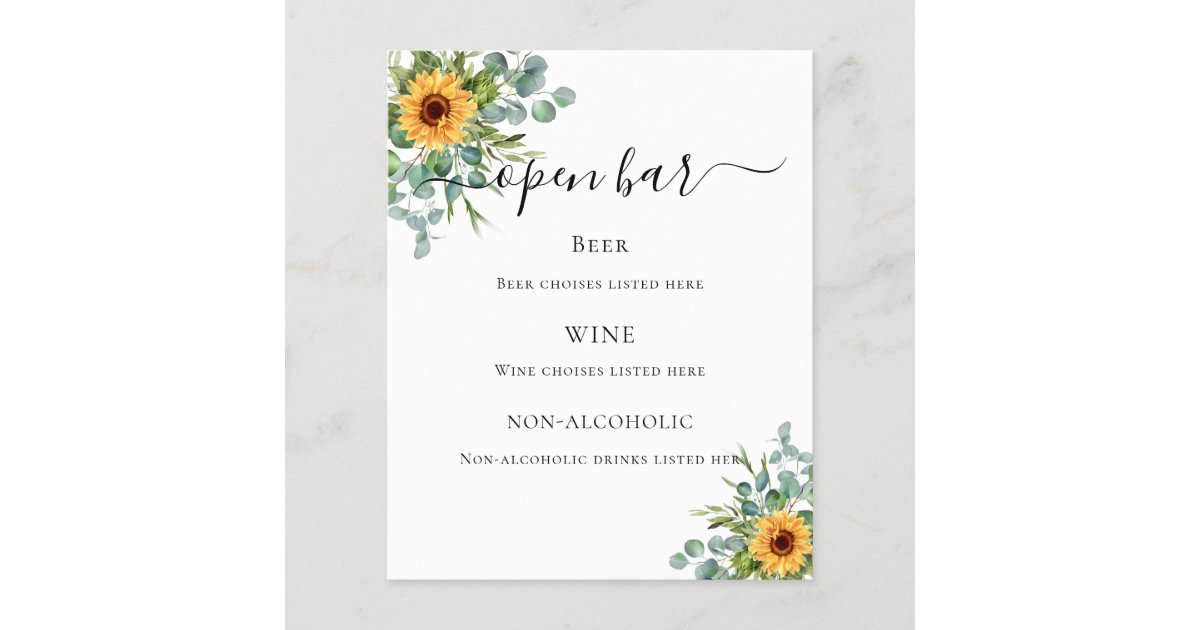 Sunflowers eucalyptus greenery bar menu | Zazzle
