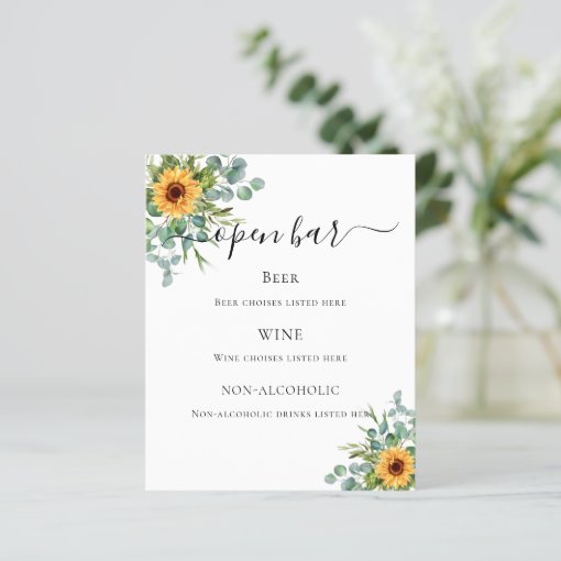 Sunflowers eucalyptus greenery bar menu | Zazzle