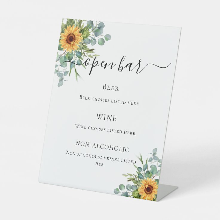 Sunflowers eucalyptus greenery bar menu pedestal sign | Zazzle