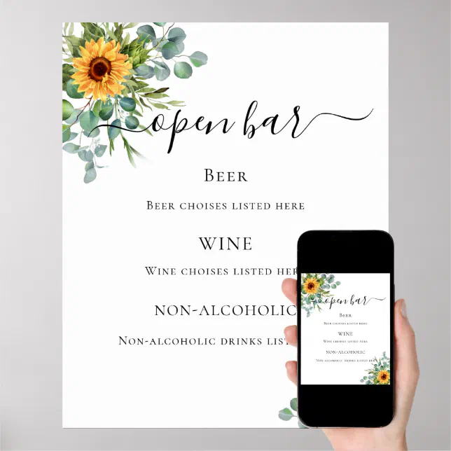 Sunflowers eucalyptus greenery bar menu poster | Zazzle