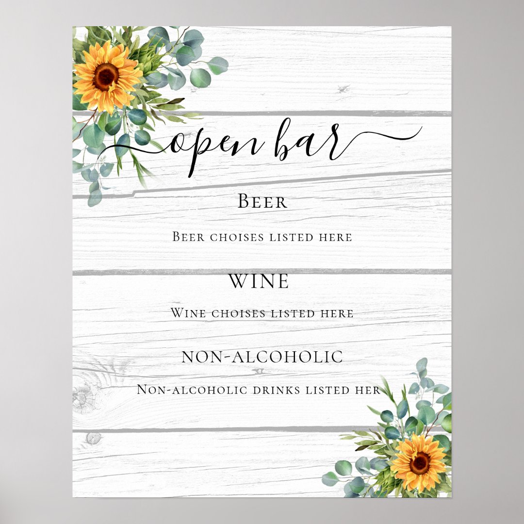 Sunflowers eucalyptus greenery wood bar menu poster | Zazzle