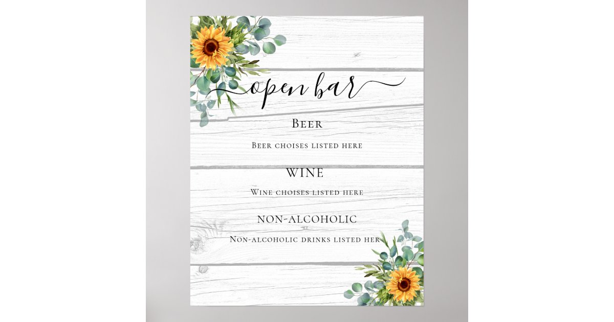Sunflowers eucalyptus greenery wood bar menu poster | Zazzle