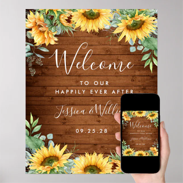 Sunflowers Eucalyptus Rustic Wedding Welcome Sign | Zazzle
