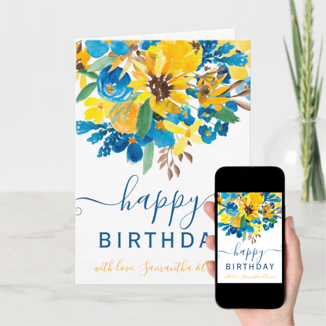 Sunflowers floral watercolor 2 photo birthday card | Zazzle