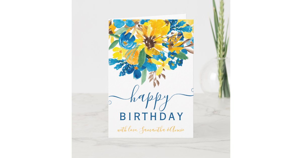 Sunflowers floral watercolor 2 photo birthday card | Zazzle