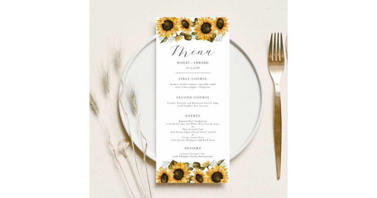 Sunflowers Floral Wedding Dinner Menu | Zazzle