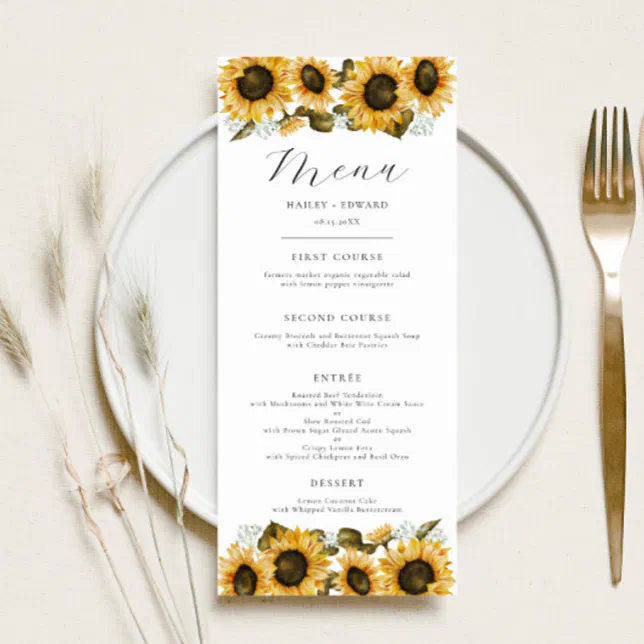 Sunflowers Floral Wedding Dinner Menu | Zazzle