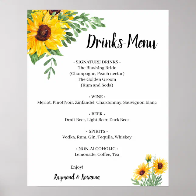 Sunflowers Greenery Drinks Menu Wedding Sign | Zazzle