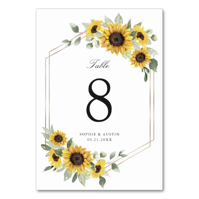Sunflowers Greenery Gold Geometric Wedding Table Number | Zazzle