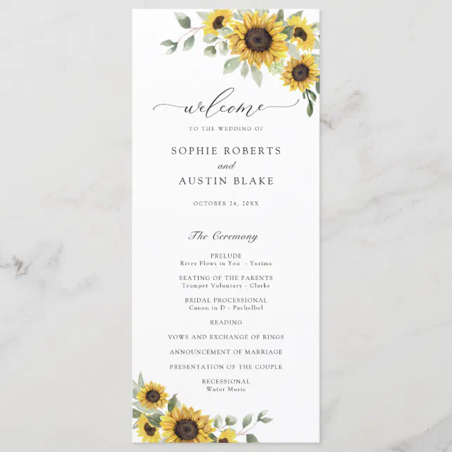 Sunflowers Greenery Olive Leaves Rustic Wedding Program | Zazzle