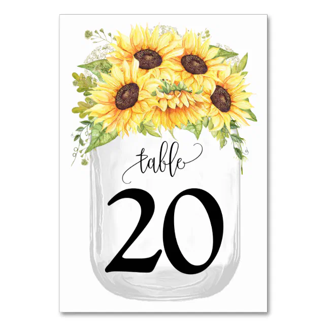 Sunflowers Mason Jar Country Wedding Table Number | Zazzle