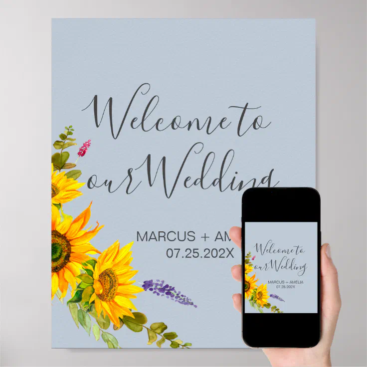Sunflowers on Blue Wedding Welcome Poster | Zazzle