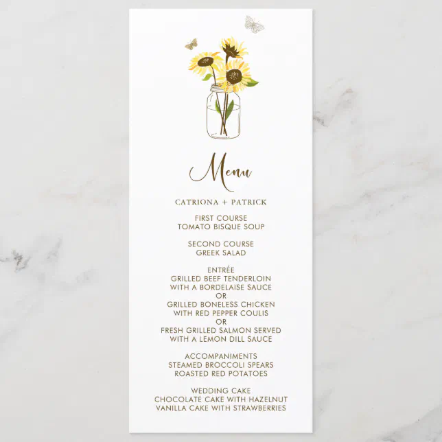 Sunflowers on Mason Jar Floral Menu Card | Zazzle