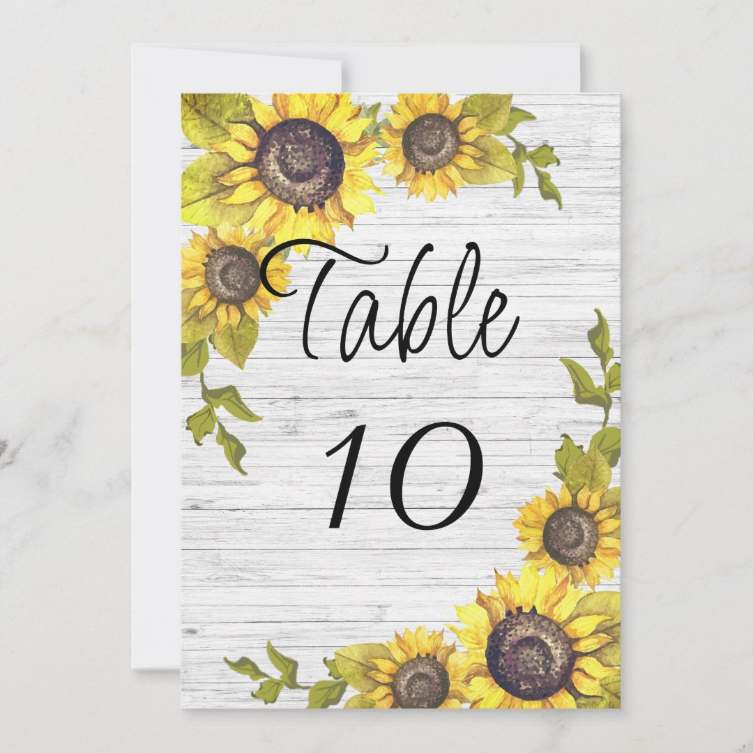 Sunflowers on white woodWedding table number | Zazzle