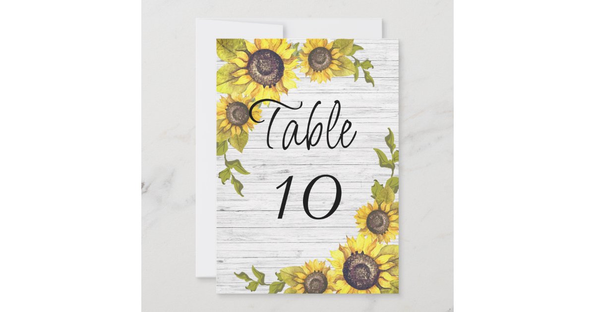 Sunflowers on white woodWedding table number | Zazzle