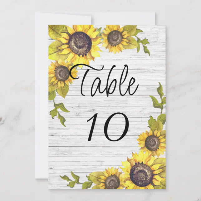 Sunflowers on white woodWedding table number | Zazzle