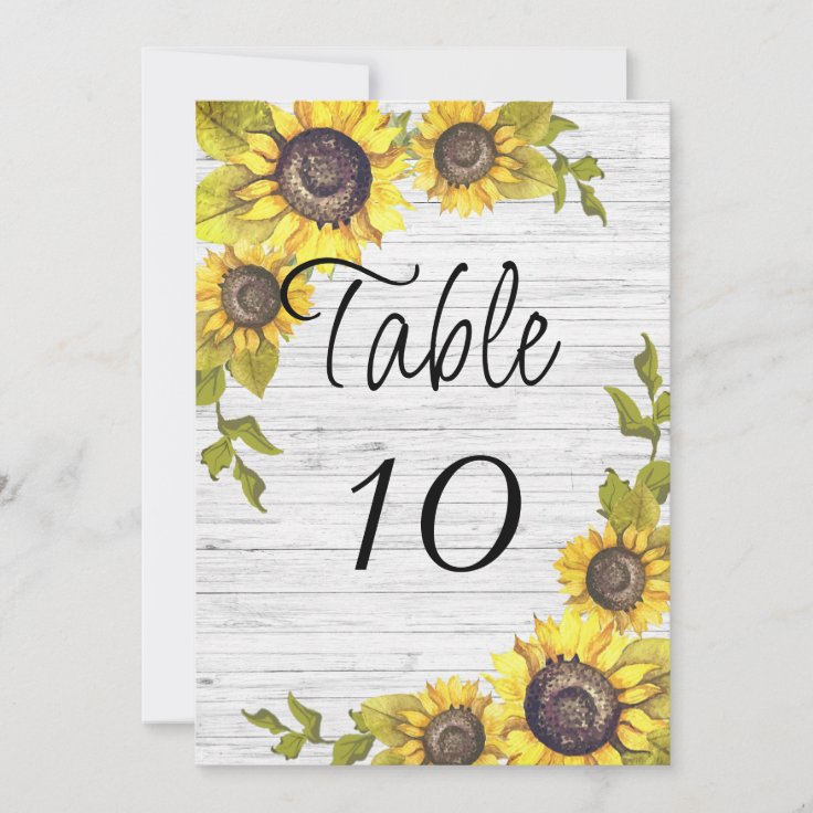 Sunflowers on white woodWedding table number | Zazzle