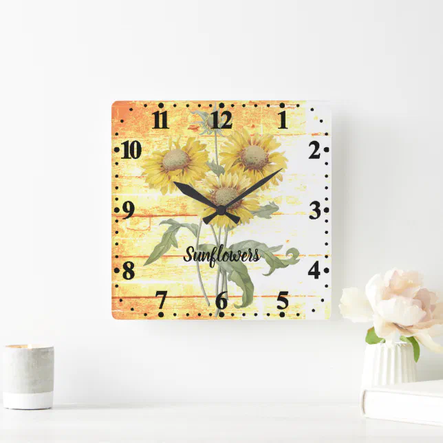 Sunflowers on wood square wall clock | Zazzle