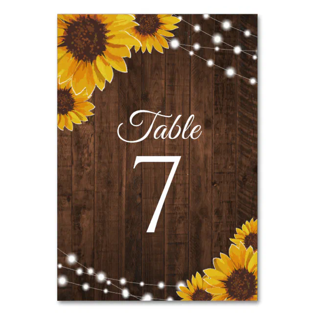 Sunflowers on Wood & String Lights Rustic Wedding Table Number | Zazzle