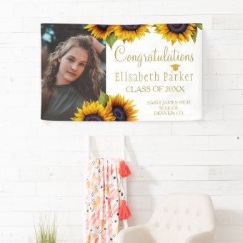 Sunflowers PHOTO gold graduation congratulations Banner | Zazzle