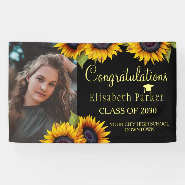 Sunflowers PHOTO gold graduation congratulations Banner | Zazzle