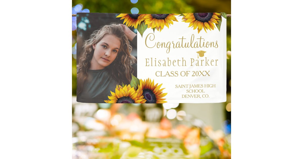 Sunflowers PHOTO gold graduation congratulations Banner | Zazzle