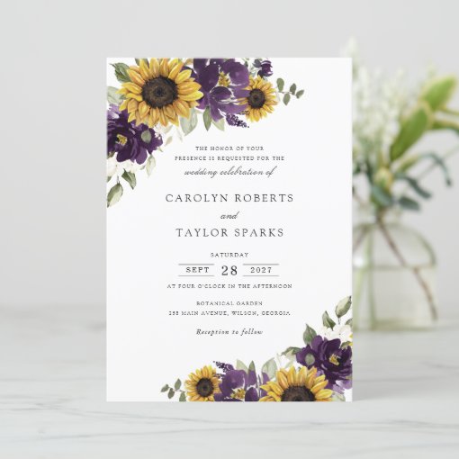 Sunflowers Purple Violet Flowers Greenery Wedding Invitation | Zazzle