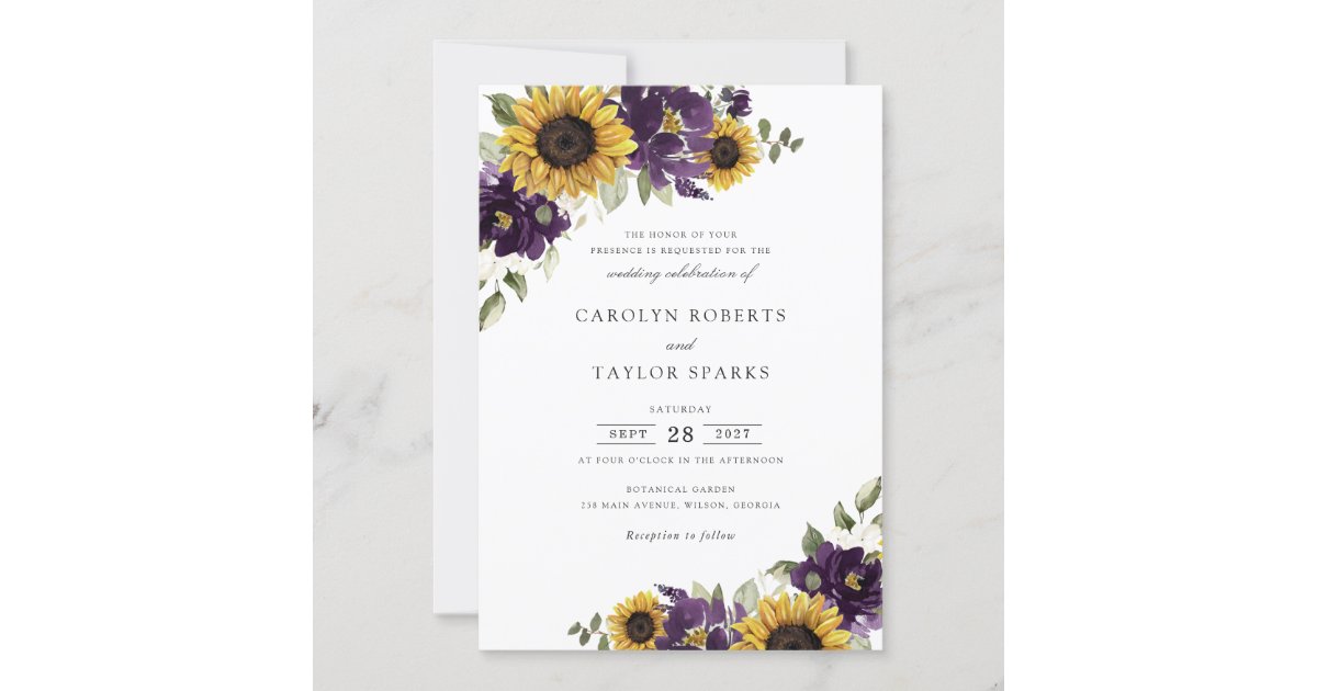 Sunflowers Purple Violet Flowers Greenery Wedding Invitation | Zazzle