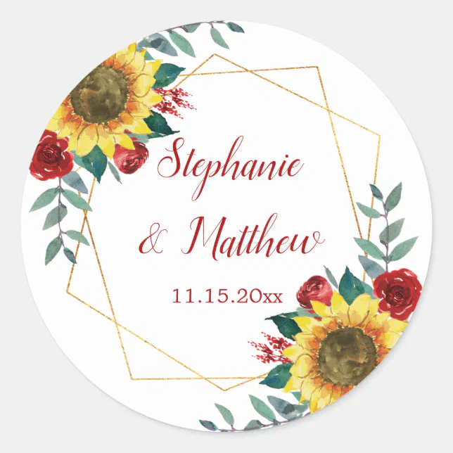 Sunflowers Red Floral Geometric Wedding Classic Round Sticker | Zazzle