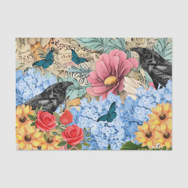 Sunflowers Red Roses Blue Hydrangea & Ravens Tissue Paper | Zazzle