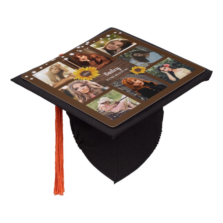Sunflowers Rustic 8 Photo Collage Class Year Graduation Cap Topper | Zazzle