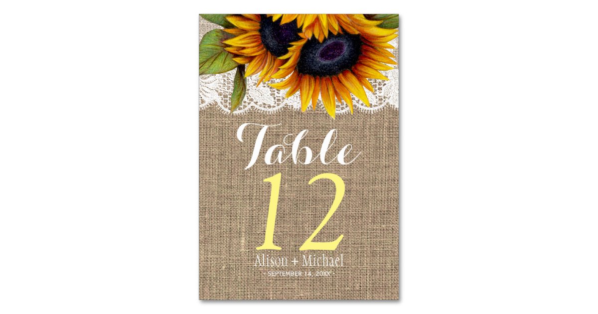 Sunflowers rustic burlap fall wedding table number | Zazzle