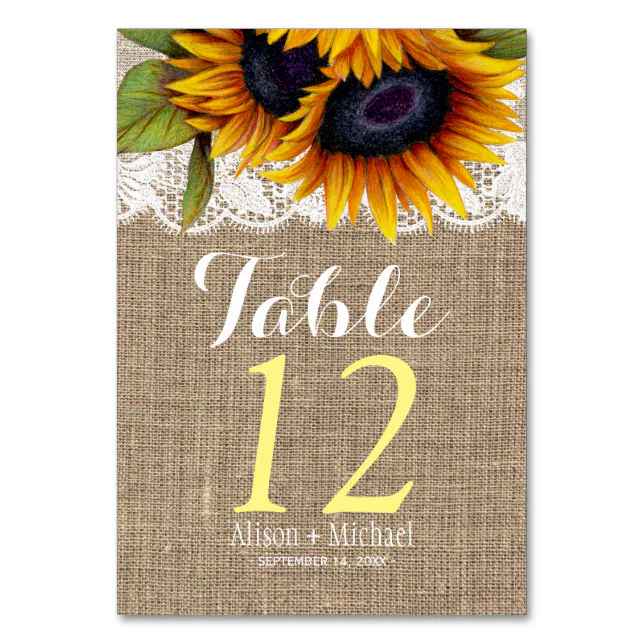 Sunflowers rustic burlap fall wedding table number | Zazzle