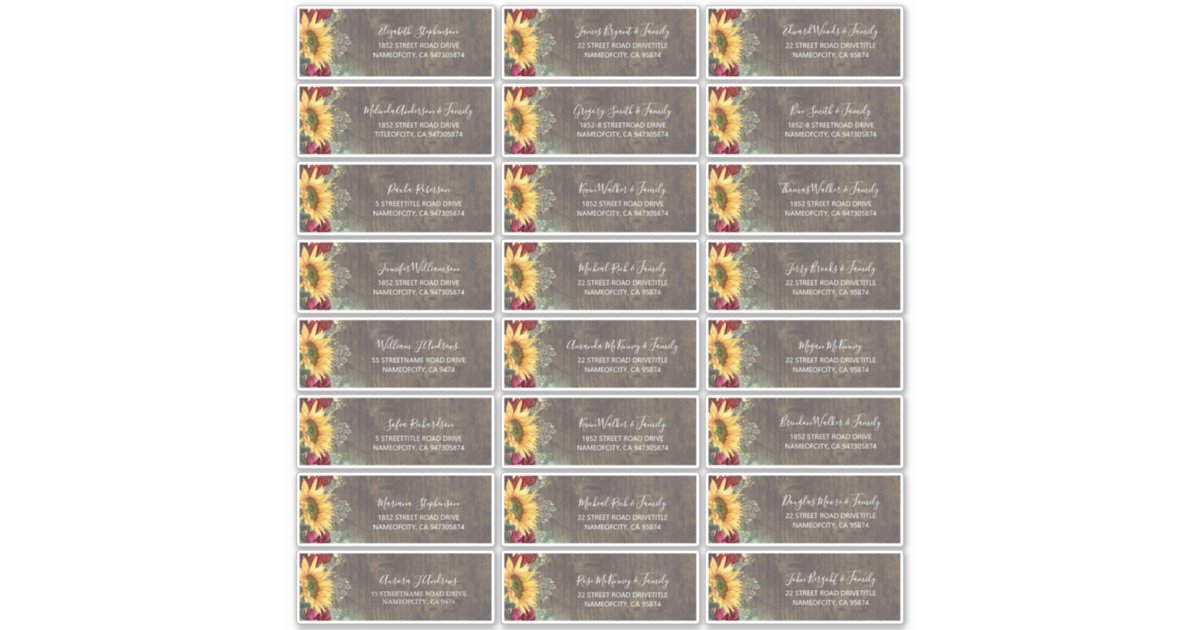 Sunflowers Rustic Fall Guest Names Address Labels | Zazzle