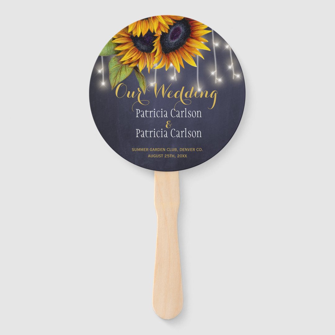 Sunflowers rustic navy chalkboard wedding favor hand fan | Zazzle