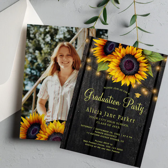 Sunflowers rustic PHOTO graduation party Invitation | Zazzle
