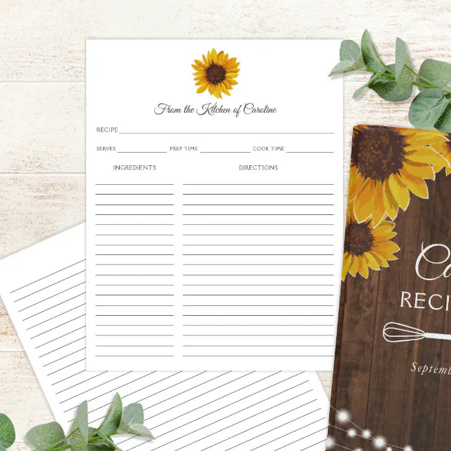 Sunflowers Rustic Recipe Card Binder Insert | Zazzle