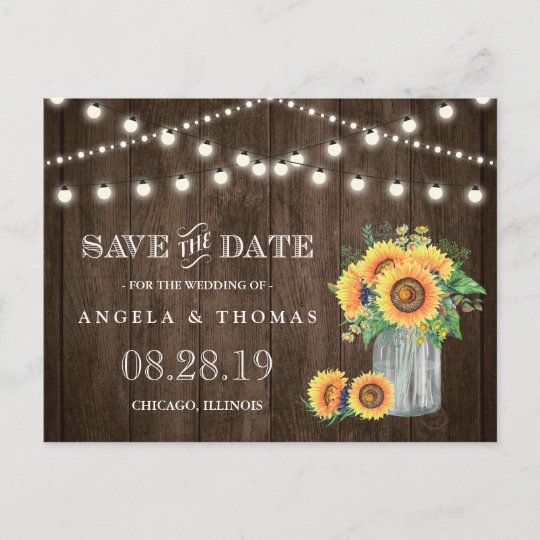 Sunflowers Save the Date Rustic Wood String Lights Announcement ...