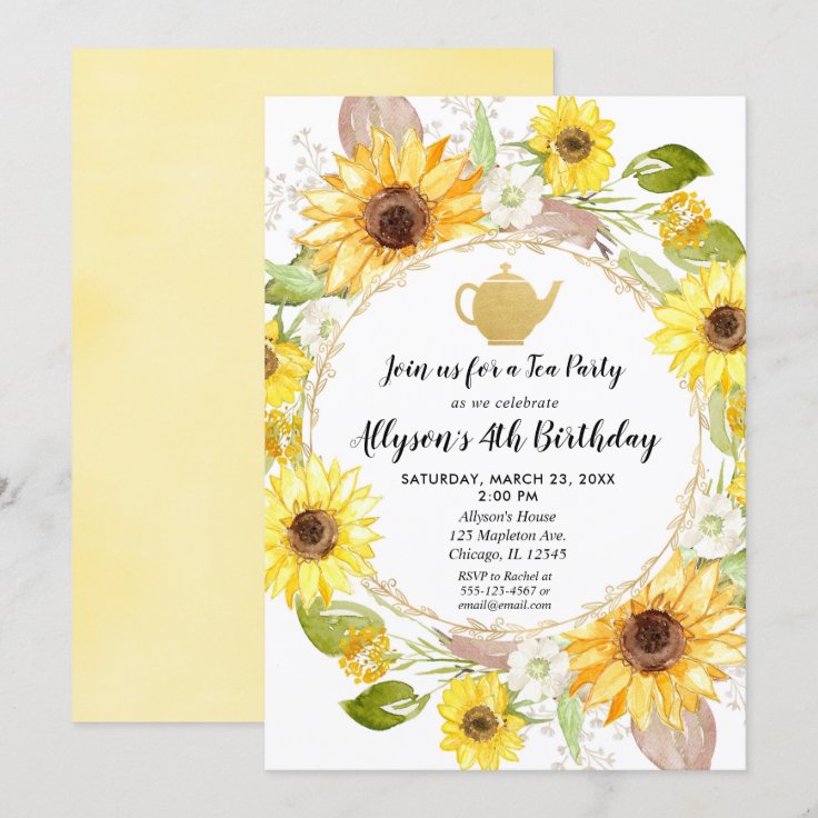 Sunflowers tea party birthday invitation | Zazzle